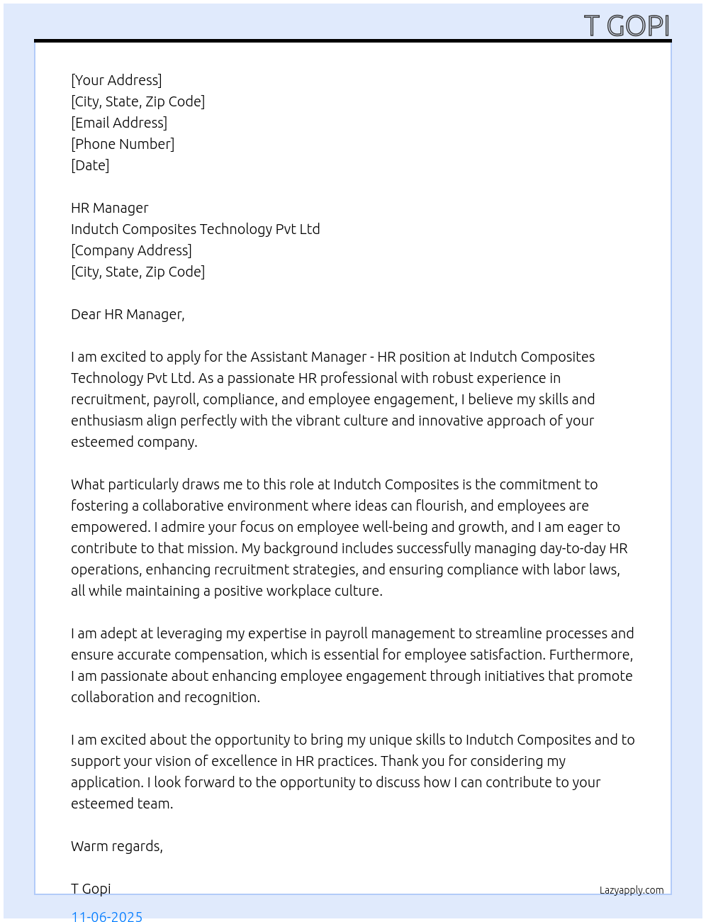Cover letter for assistant manager - hr - LazyApply