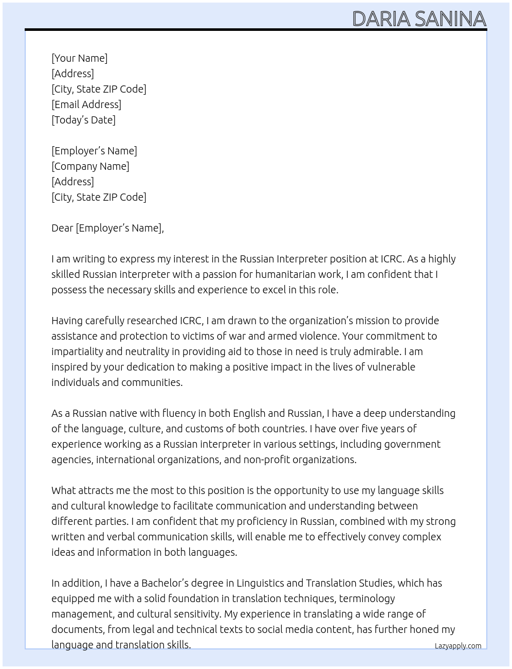 Cover letter for russian interpretor - LazyApply