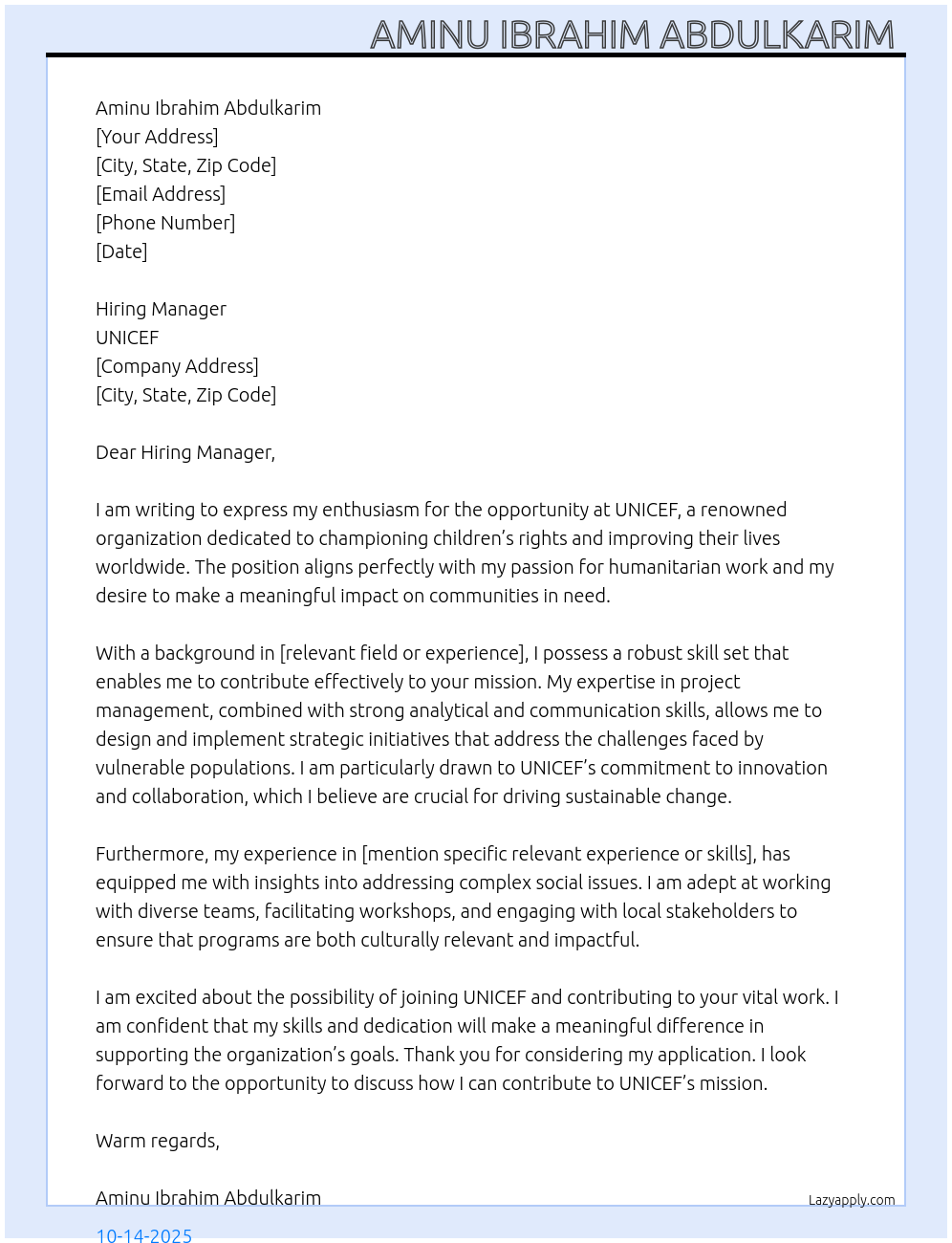 Cover letter for unicef - LazyApply