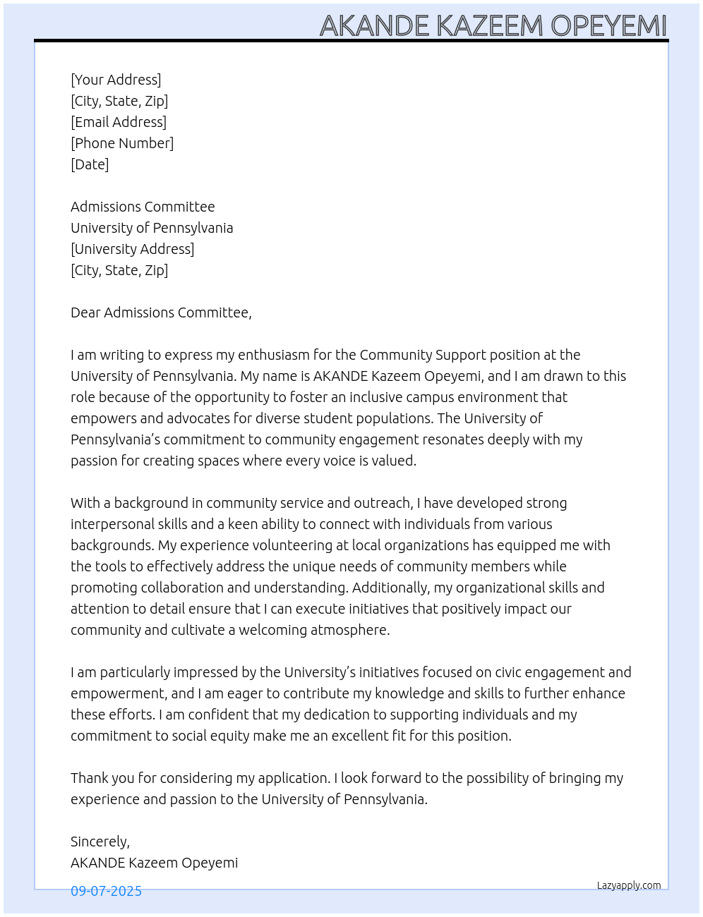 Cover letter for community support - LazyApply