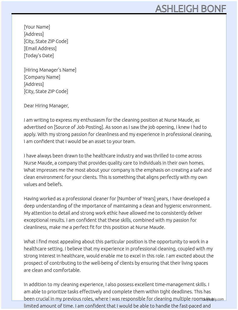 Cover letter for cleaning position - LazyApply