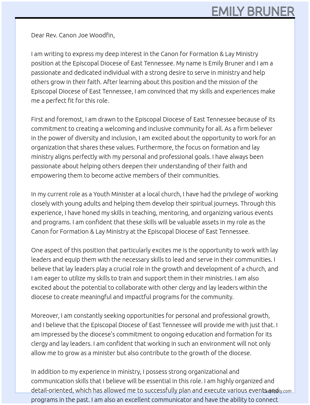 Cover letter for canon for formation & lay ministry - LazyApply