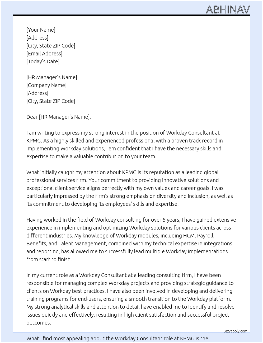 Cover letter for workday consultant - LazyApply