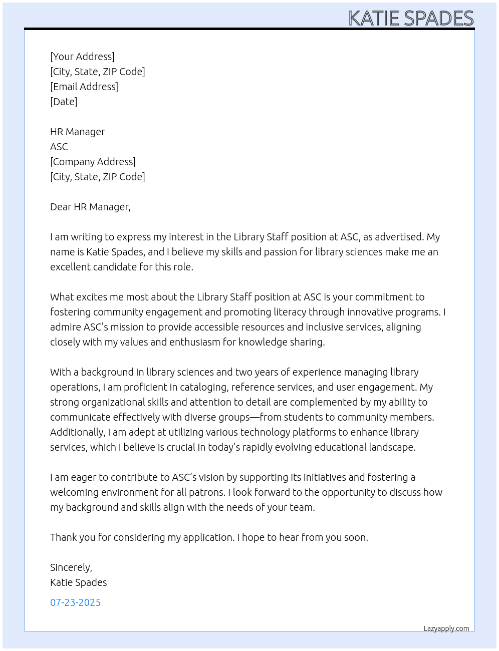 Cover letter for library staff - LazyApply