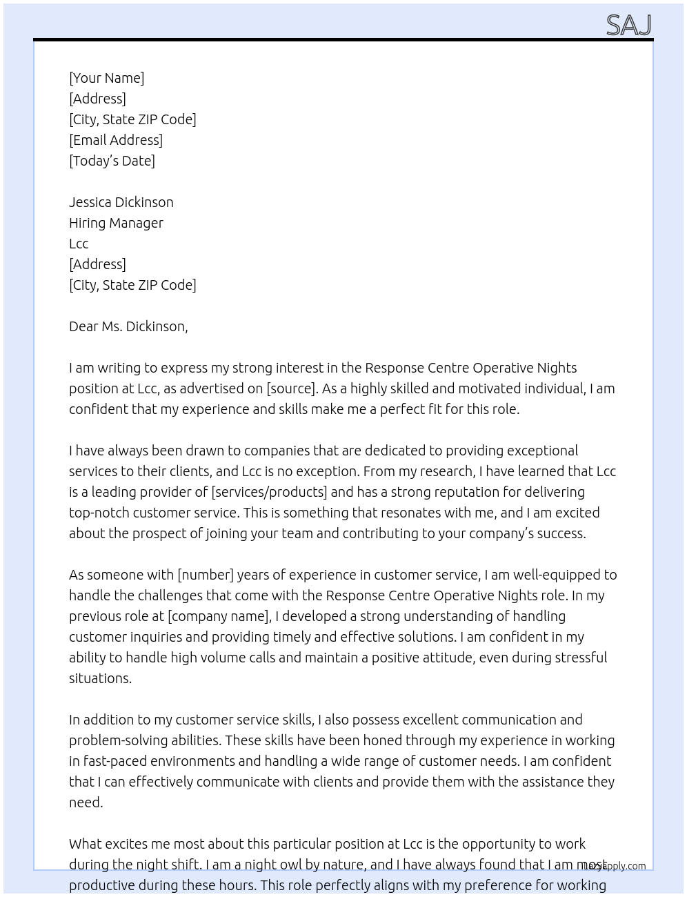 Cover letter for response centre operative nights - LazyApply