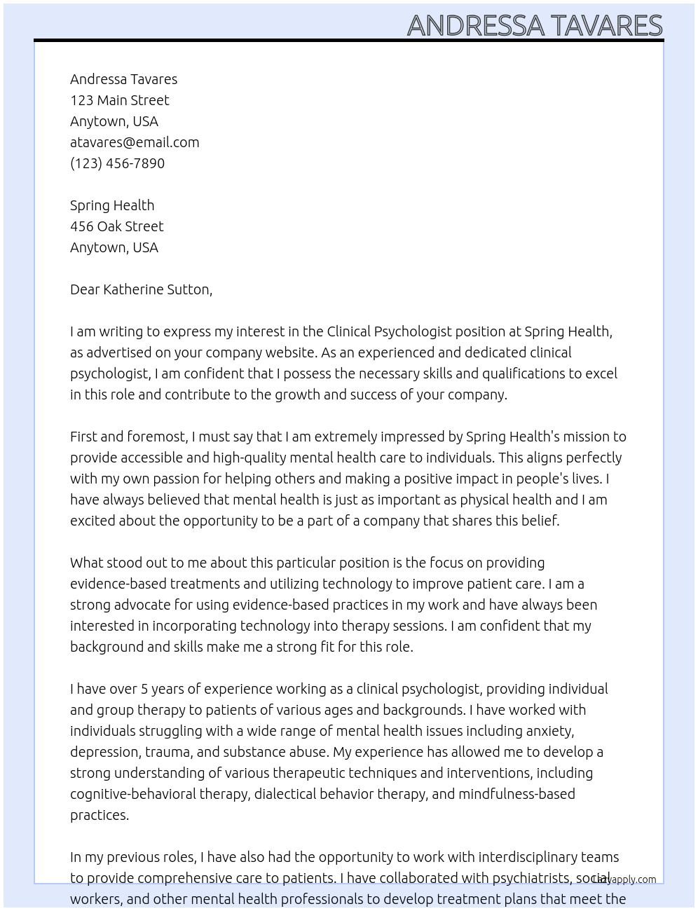 Cover letter for clinical psychologist - LazyApply