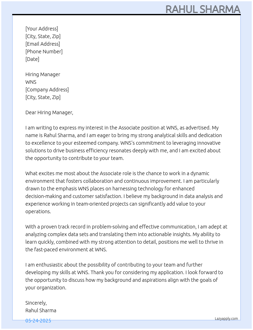 Cover letter for associate - LazyApply
