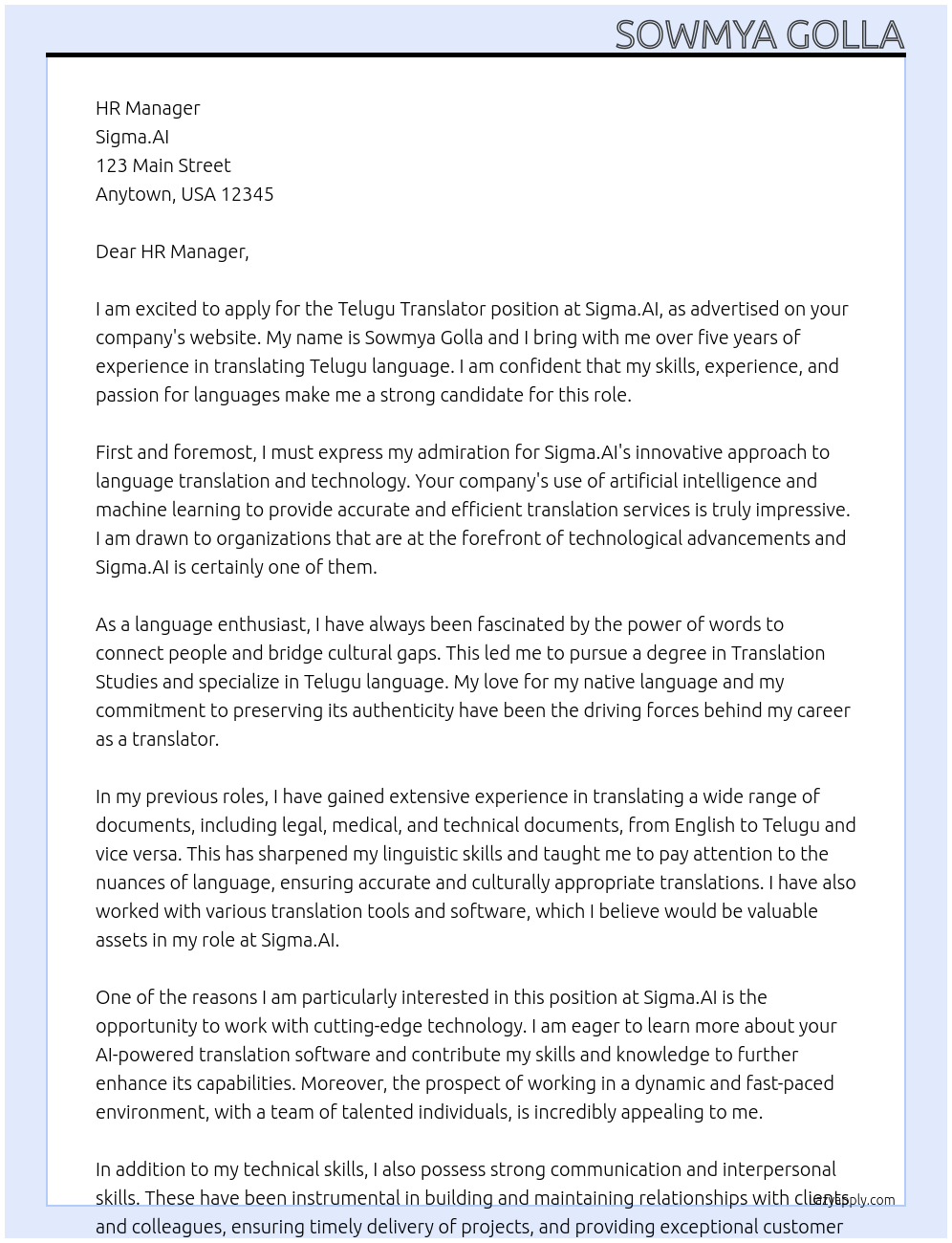 Cover letter for telugu translator - LazyApply
