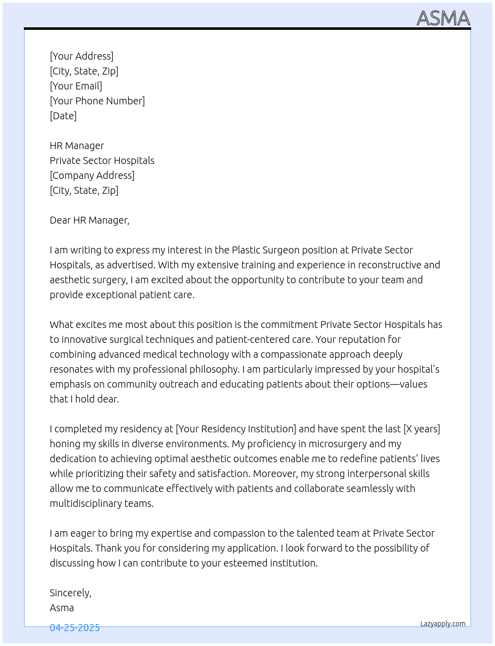 Cover letter for plastic surgeon - LazyApply