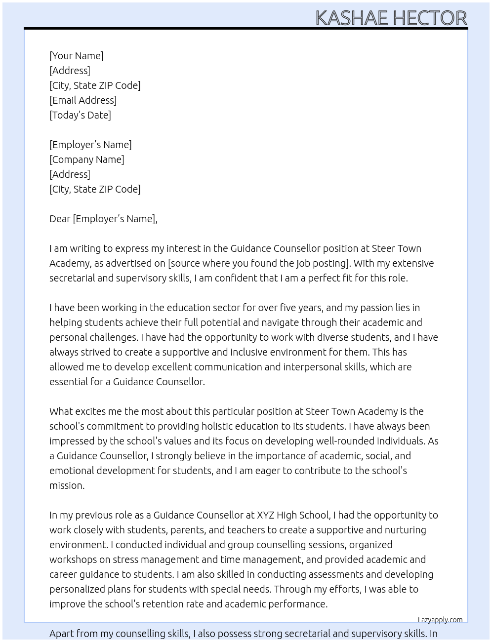 Cover letter for guidance counsellor - LazyApply