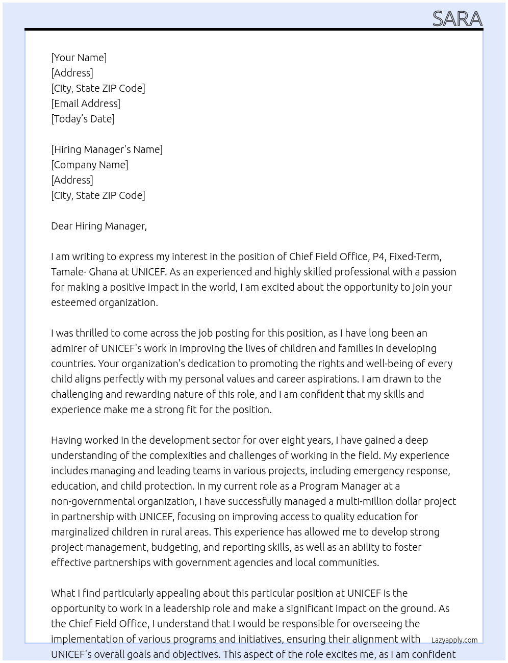Cover letter for chief field office, p4, fixed-term, tamale- ghana ...