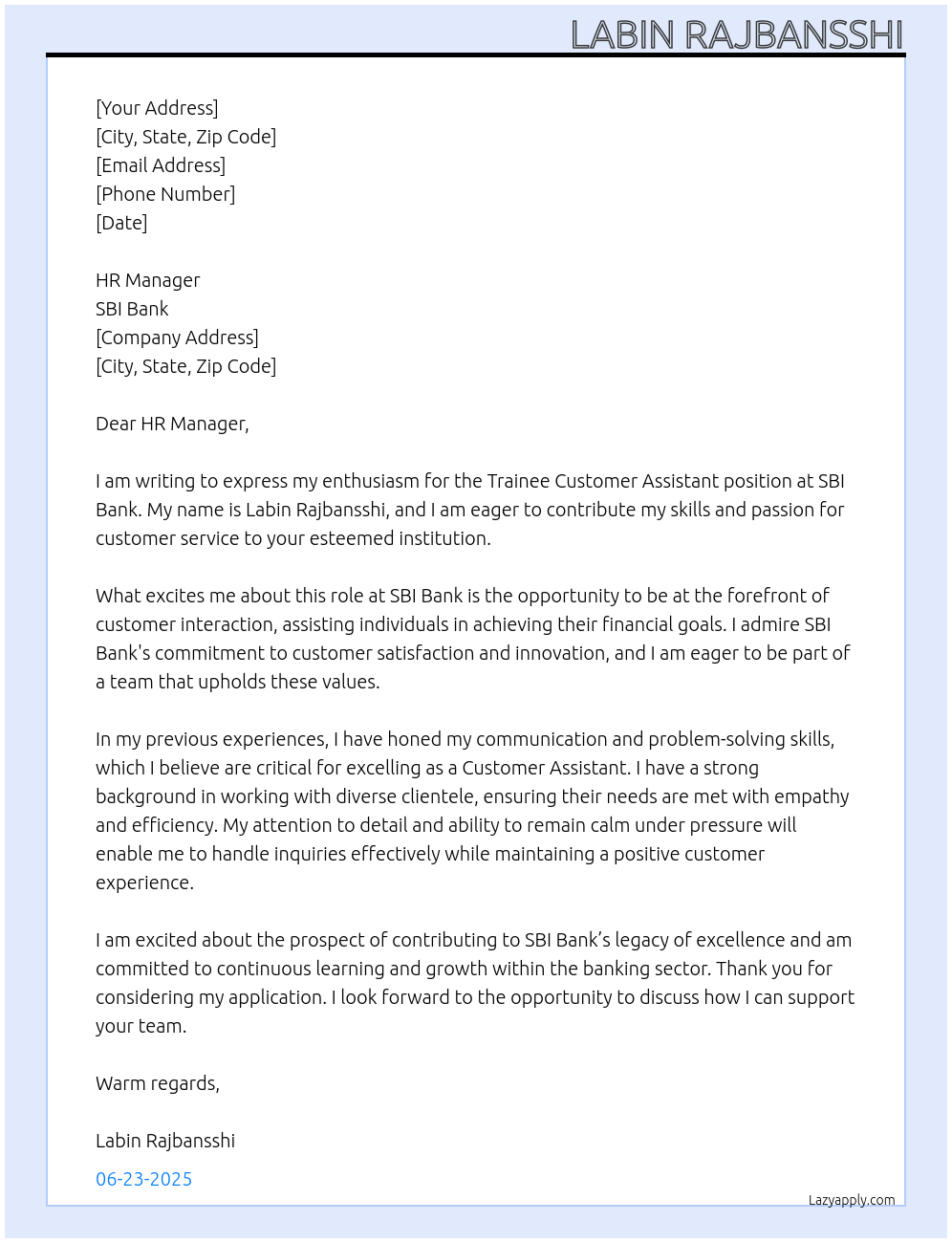 Cover letter for trainee customer assistant - LazyApply