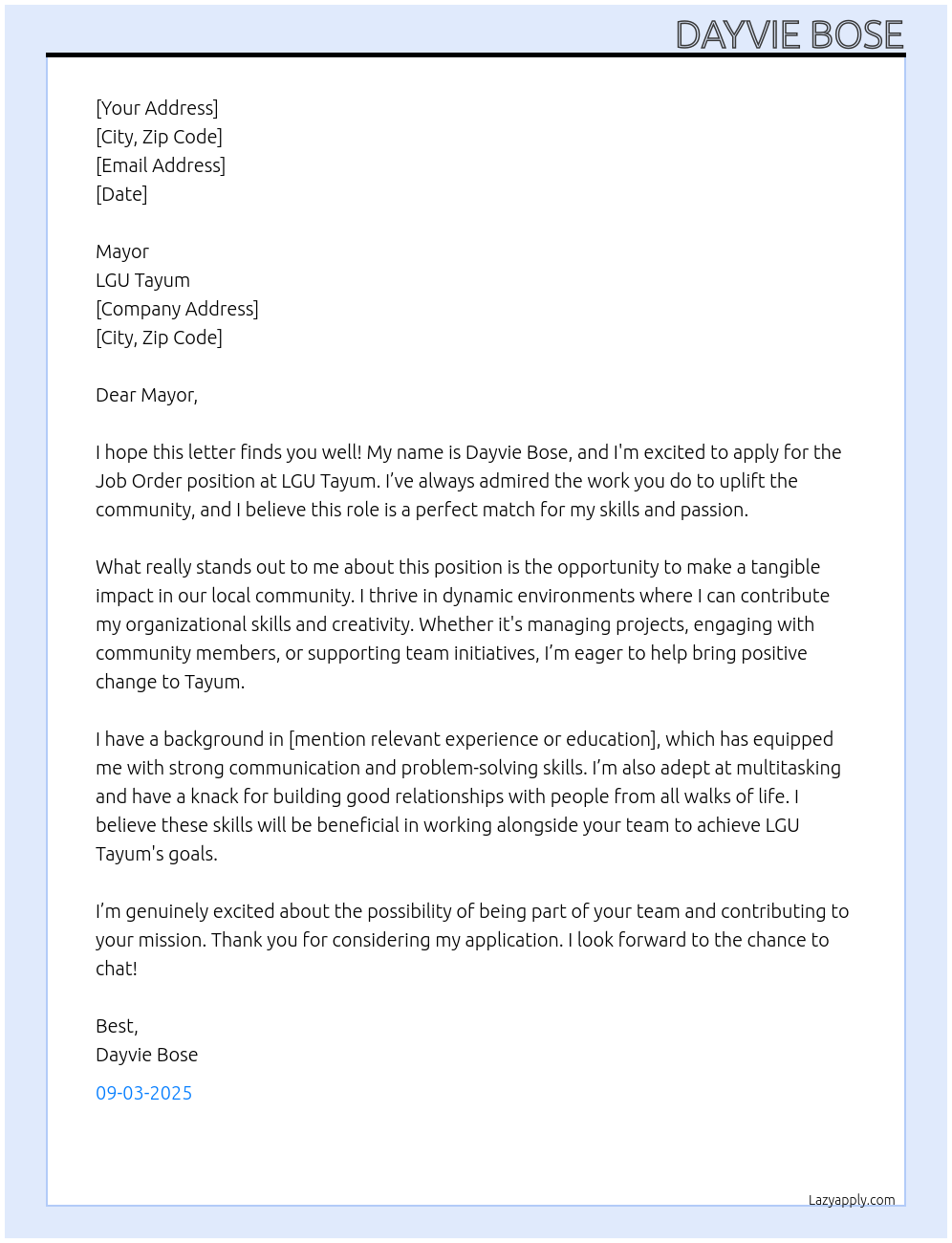 Cover letter for job order - LazyApply