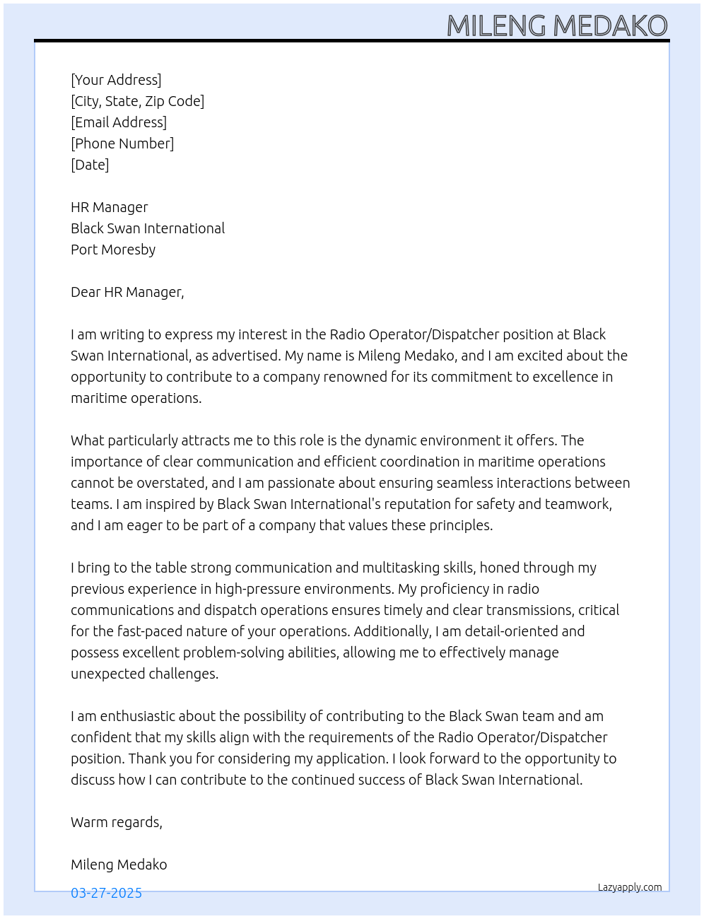 Cover letter for radio operator/dispatcher - LazyApply