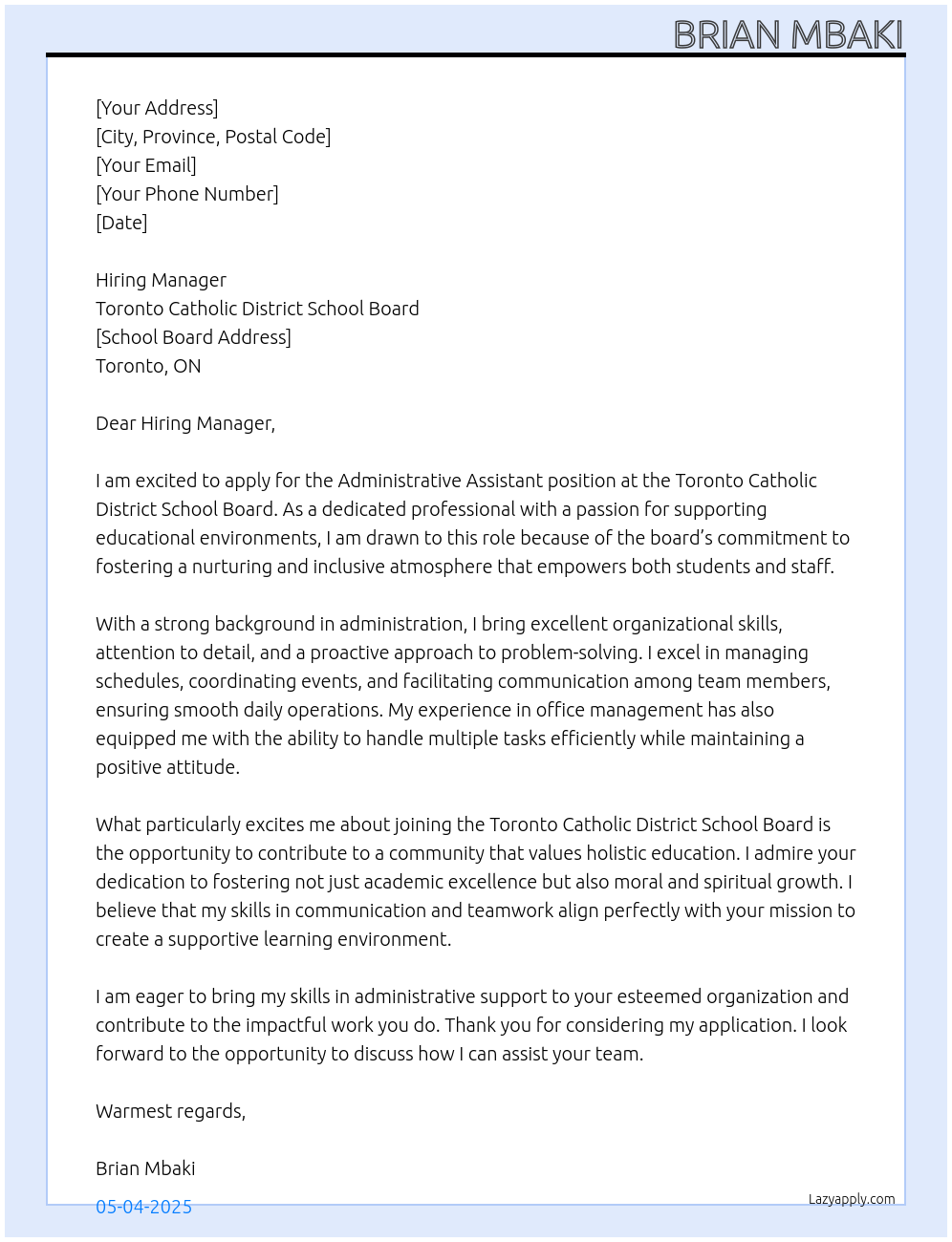 Cover letter for administrative assistant. - LazyApply