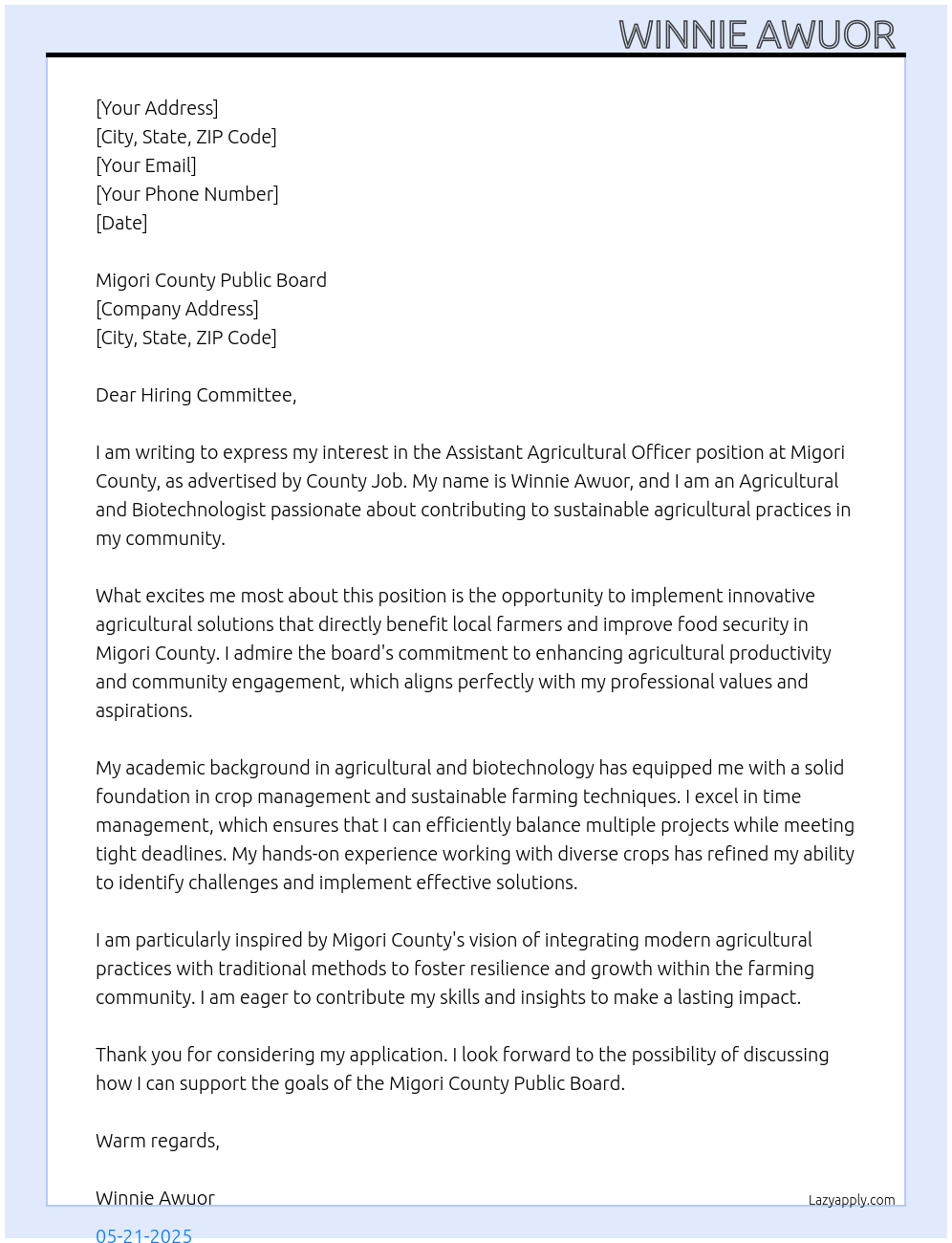 Cover letter for assistant agricultural officer - LazyApply