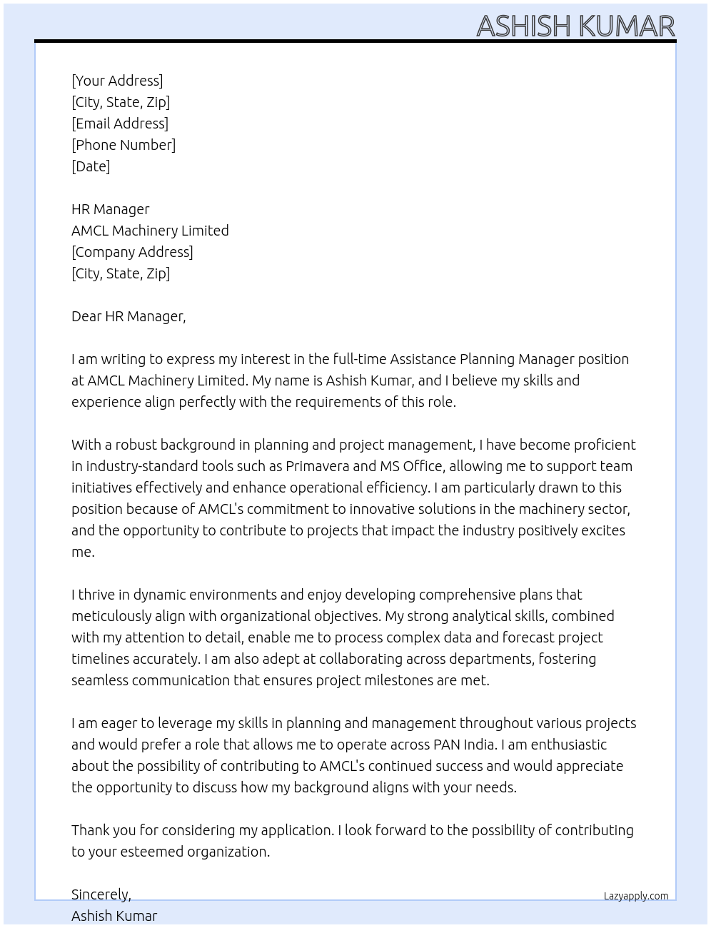 Cover letter for assistance planning manager - LazyApply