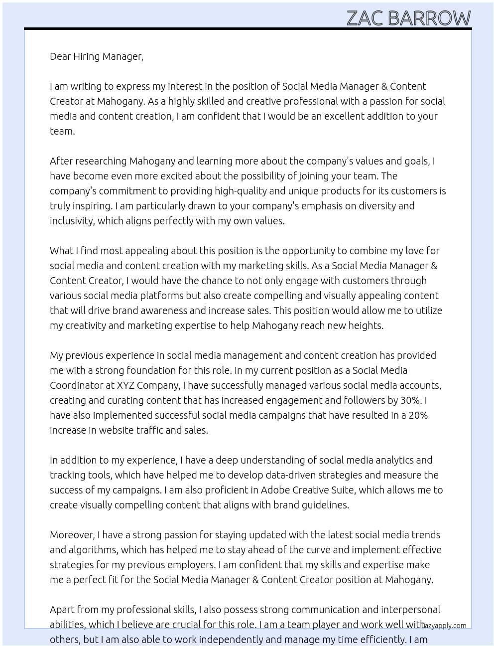 Cover letter for social media manager & content creator - LazyApply