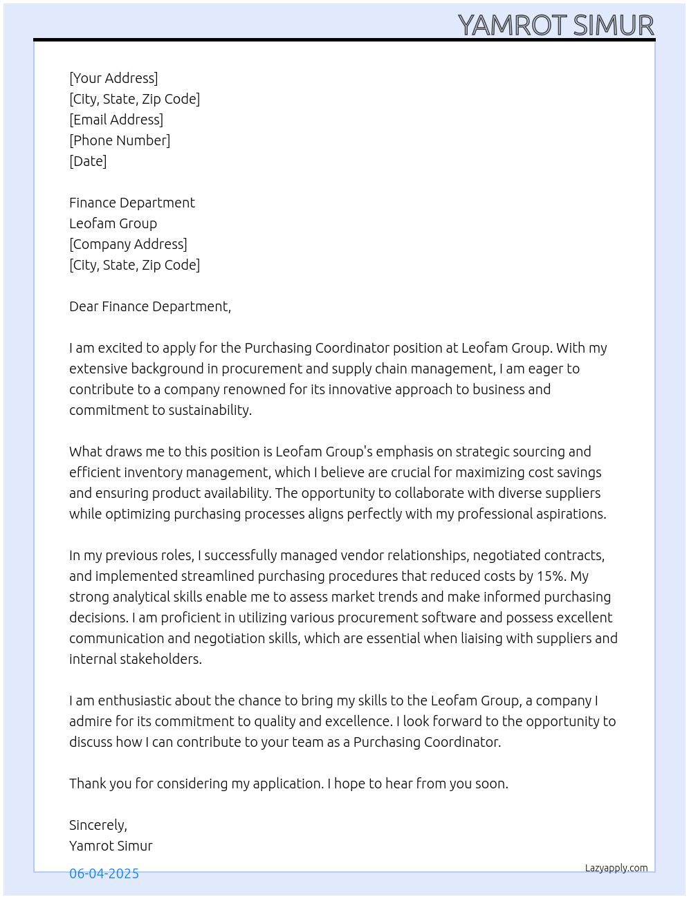 Cover letter for purchasing coordinater - LazyApply
