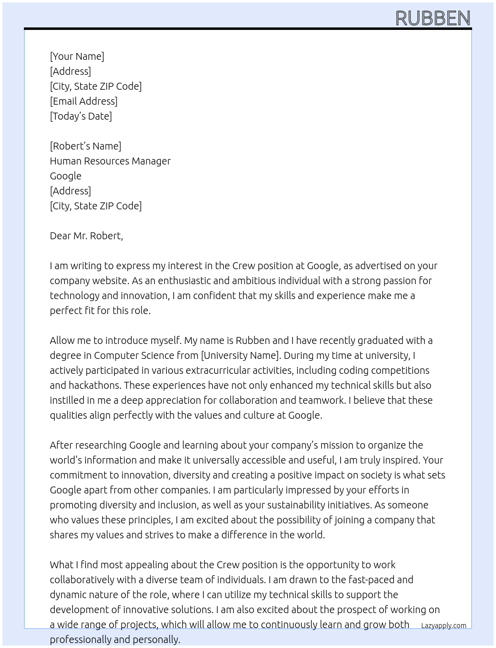 Cover letter for crew - LazyApply