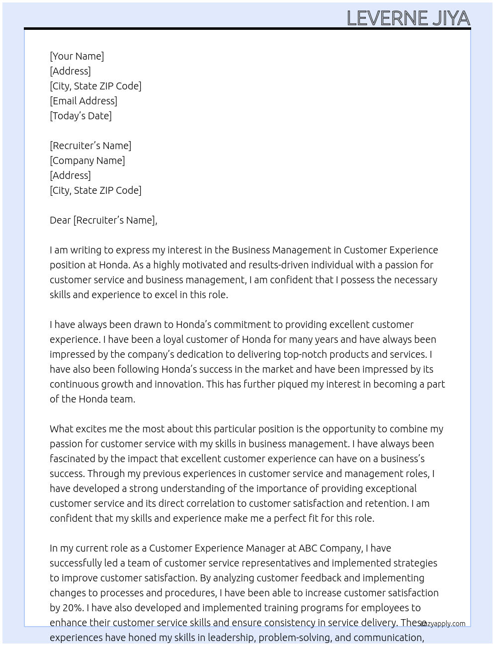 Cover letter for business management in customer experience - LazyApply