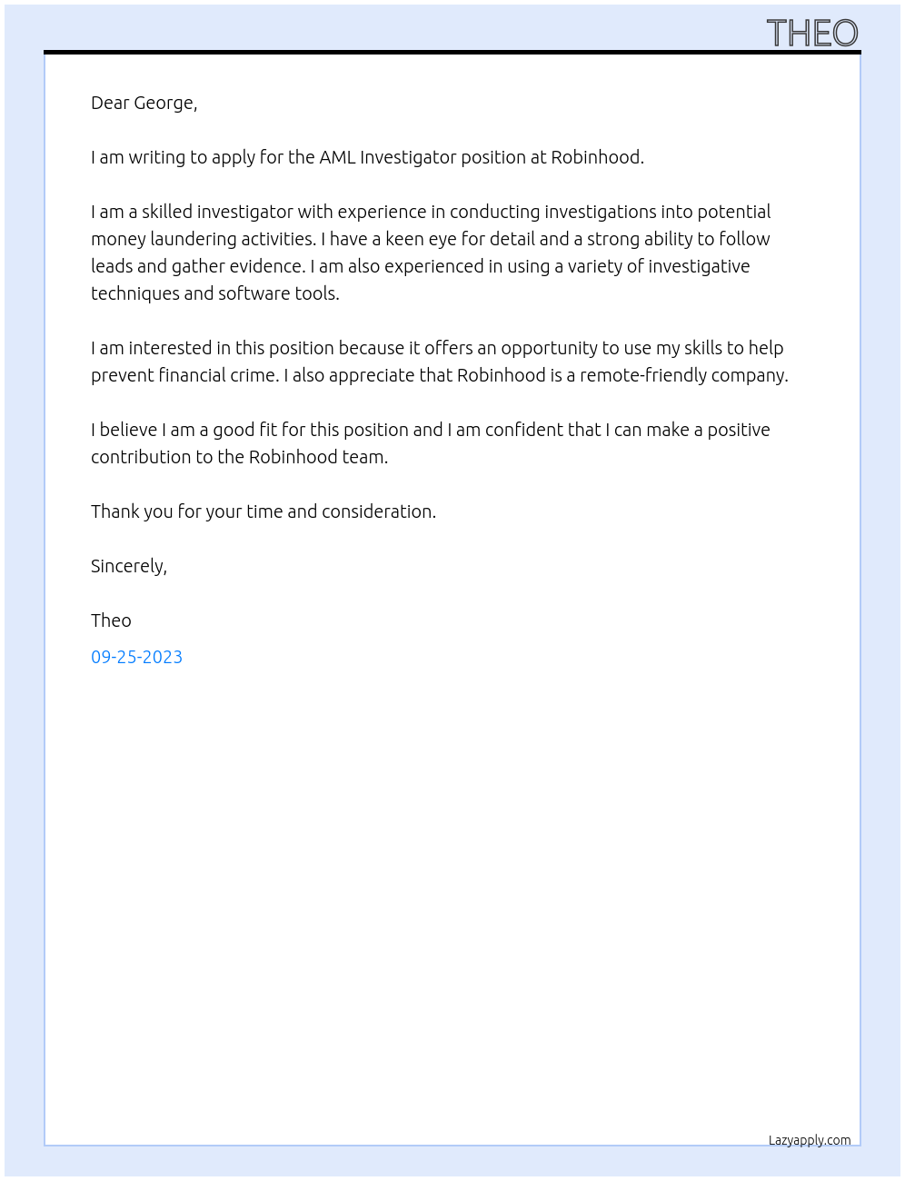 Cover letter for aml investigator - LazyApply
