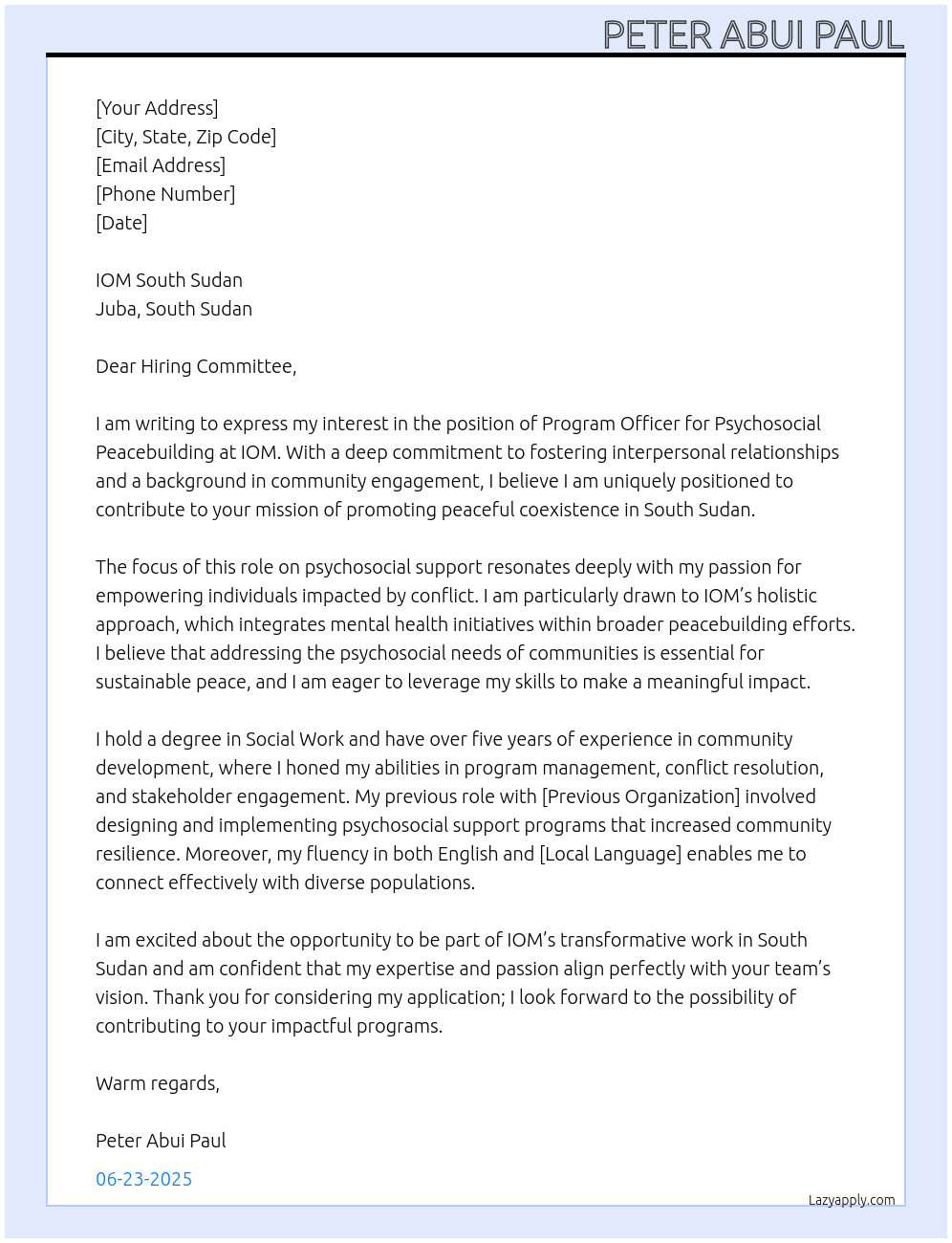 Cover letter for program officer psychosocial peacebuilding - LazyApply