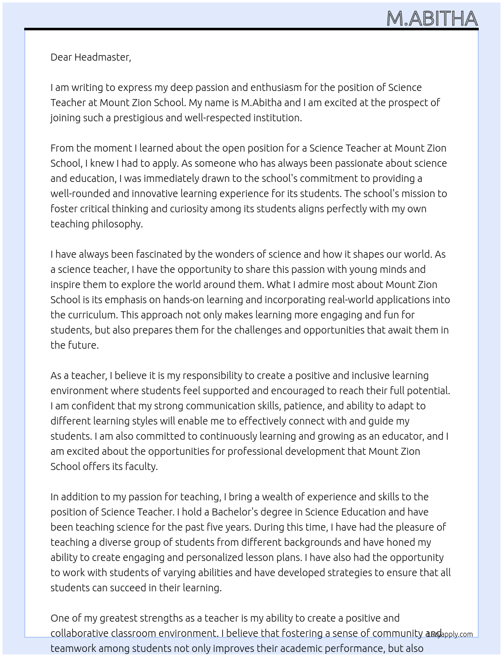 Cover letter for science teacher - LazyApply