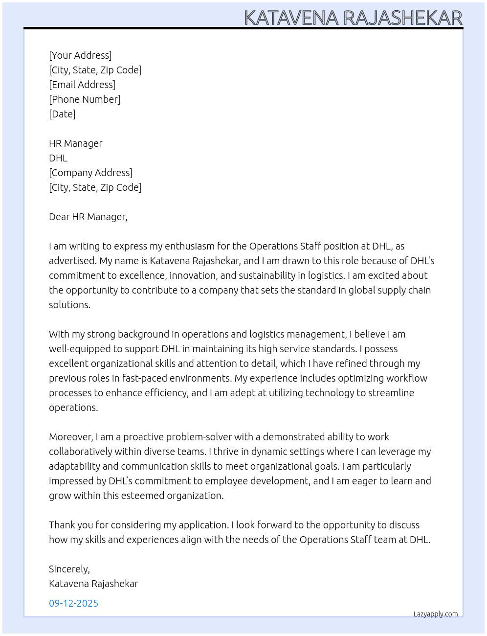 Cover letter for operation staff - LazyApply