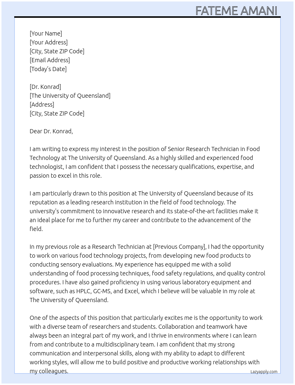 Cover letter for senior research technician food technology - LazyApply