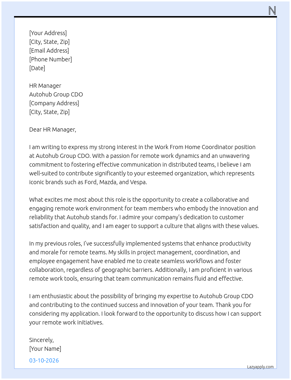 Cover letter for work from home coordinator - LazyApply