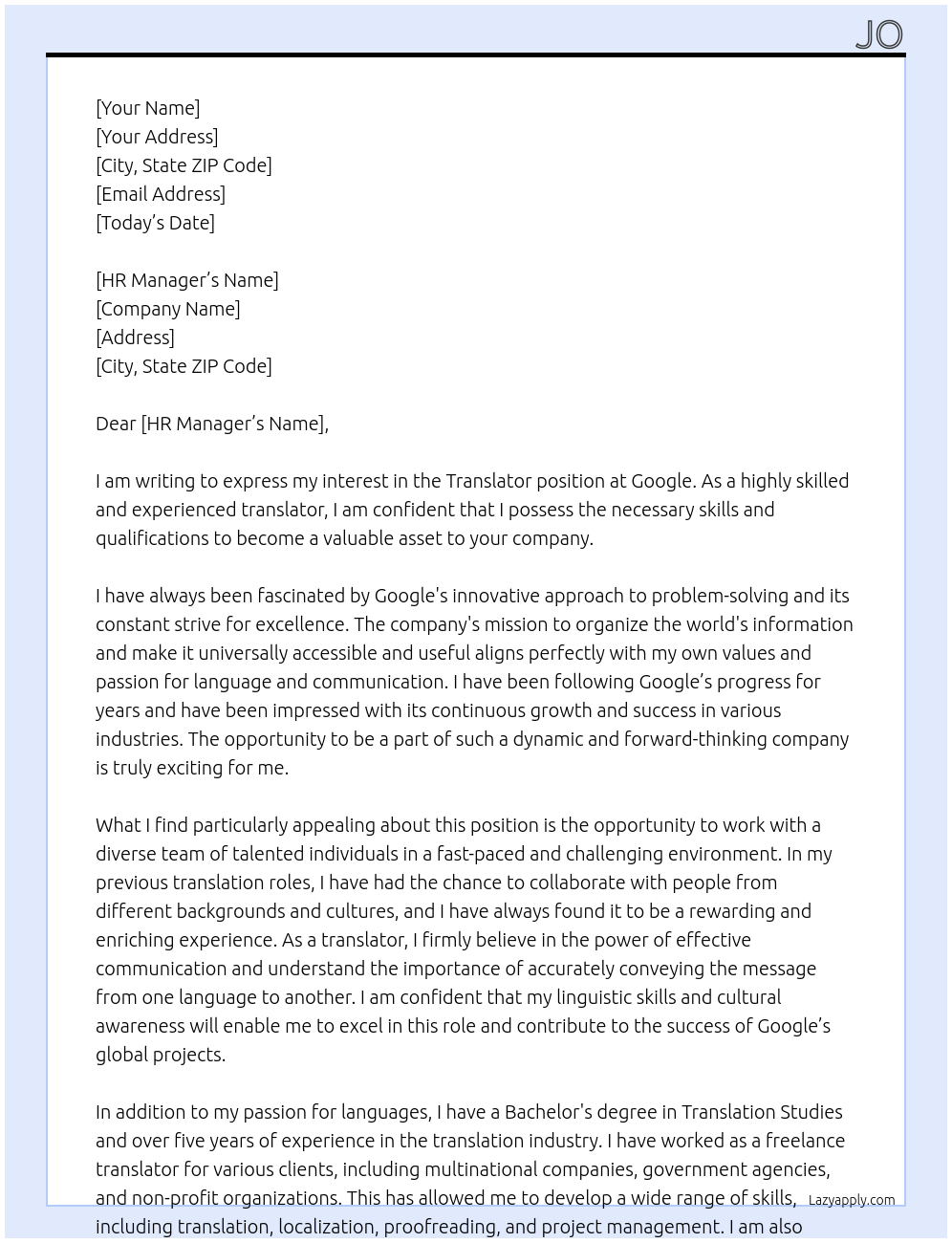 Cover letter for translator - LazyApply