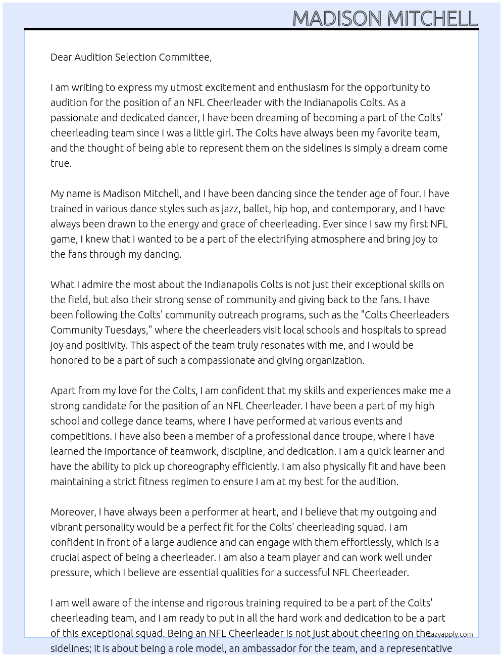 Cover letter for nfl cheerleader - LazyApply