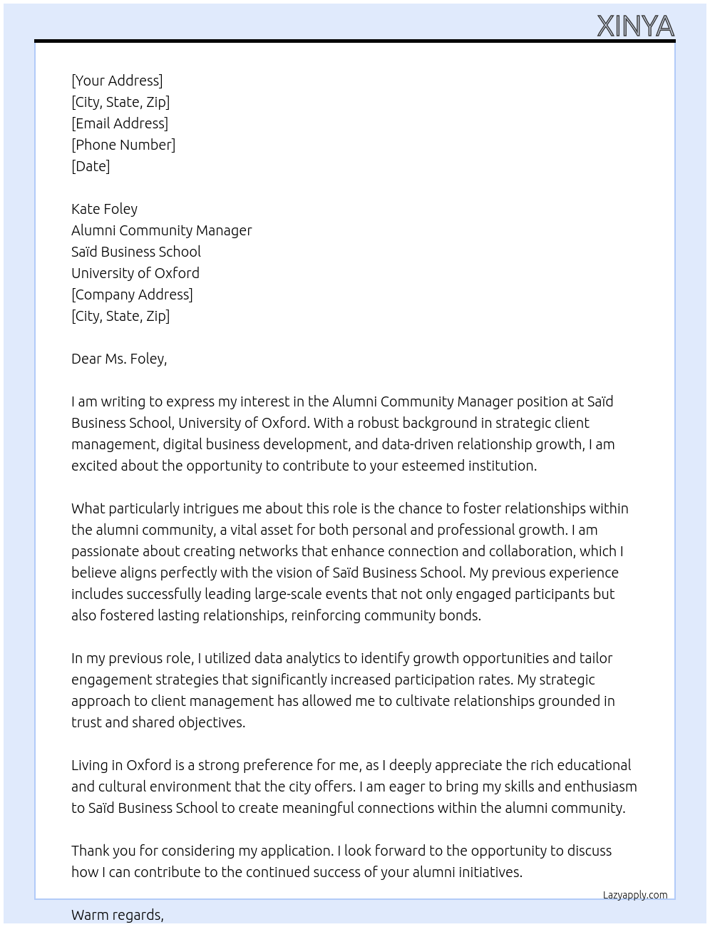 Cover letter for alumni community manager - LazyApply
