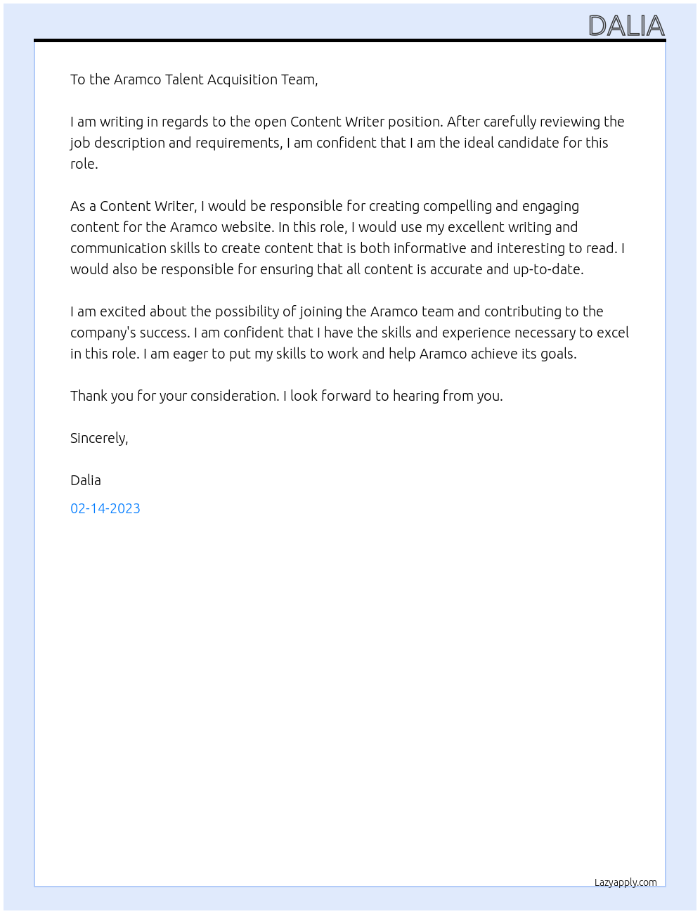 Cover Letter For Aramco LazyApply