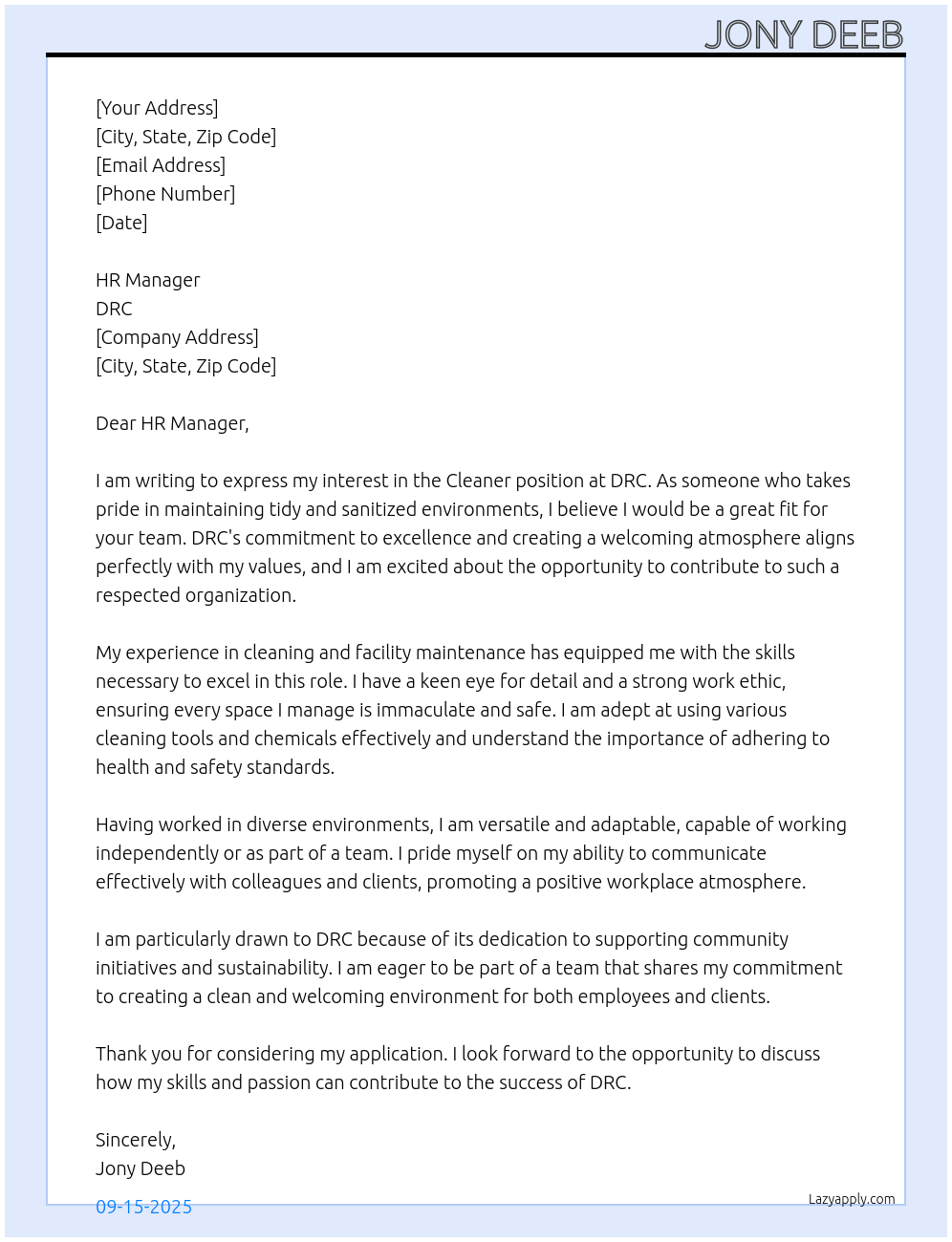Cover letter for cleaner - LazyApply