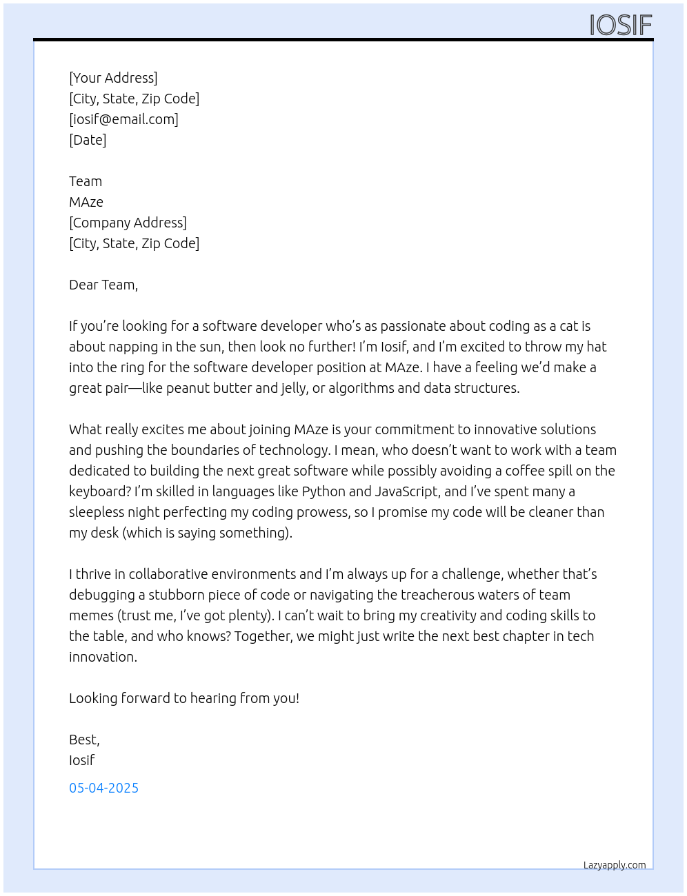 Cover letter for software developer - LazyApply