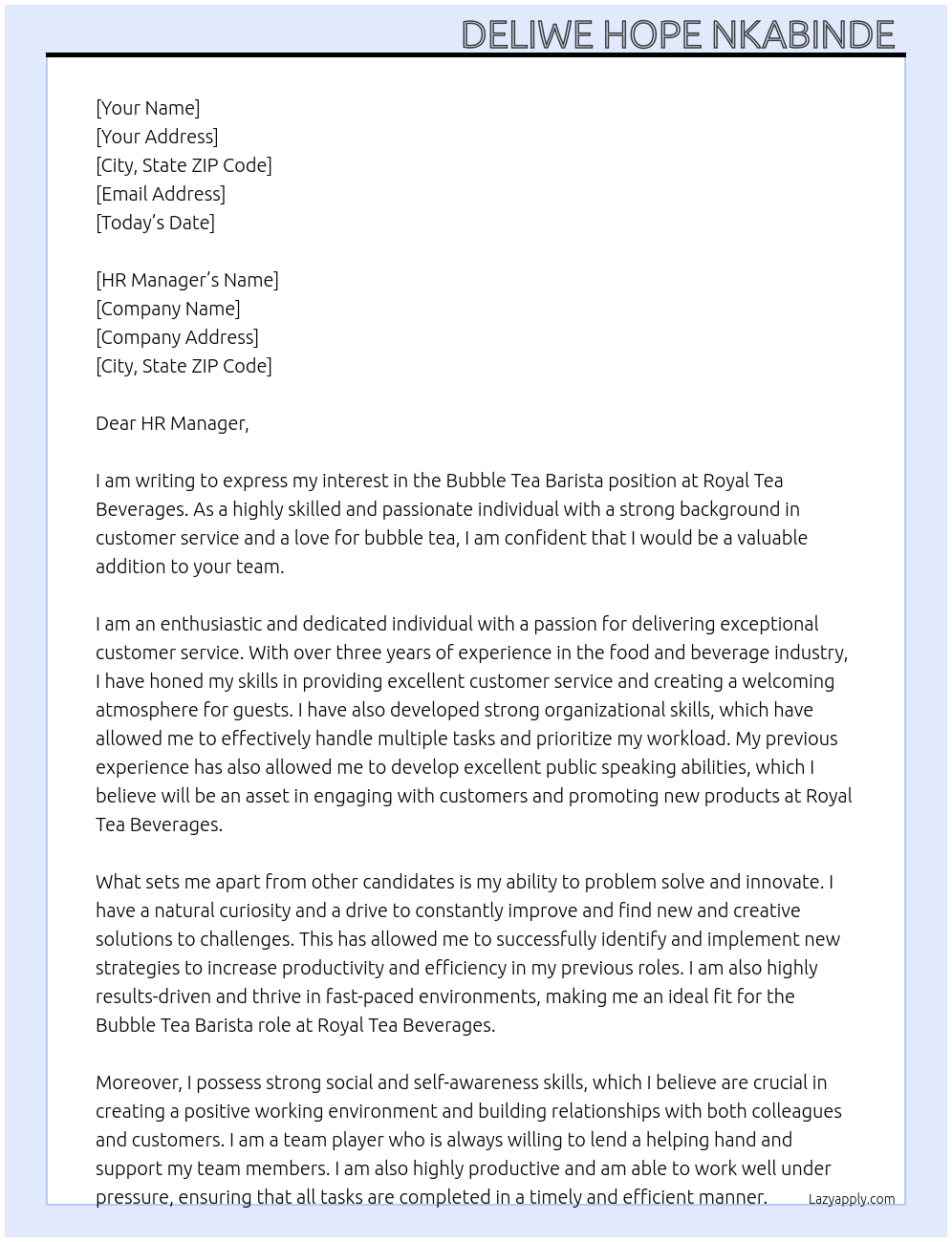 Cover letter for bubble tea barista - LazyApply