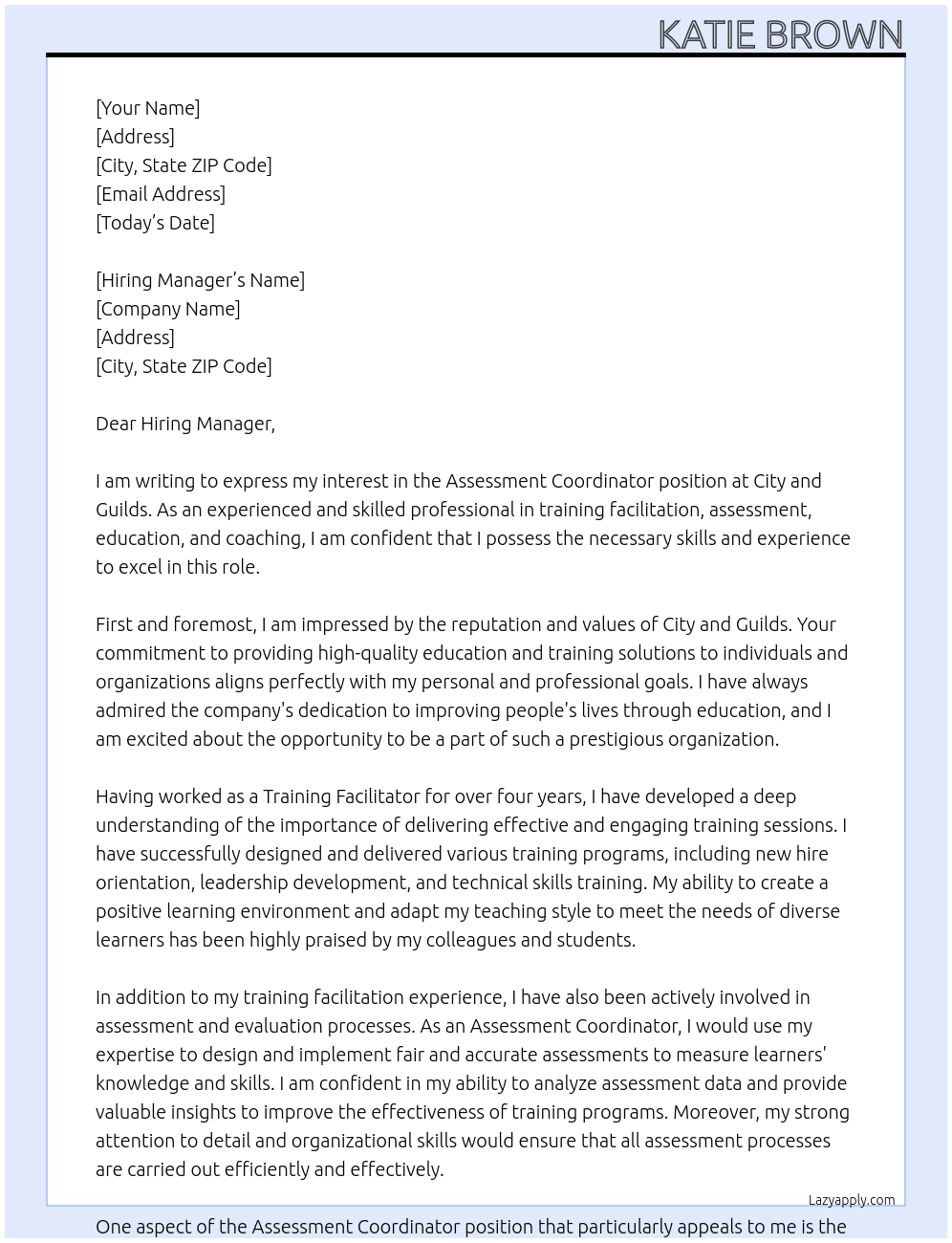 Cover letter for assessment coordinator - LazyApply