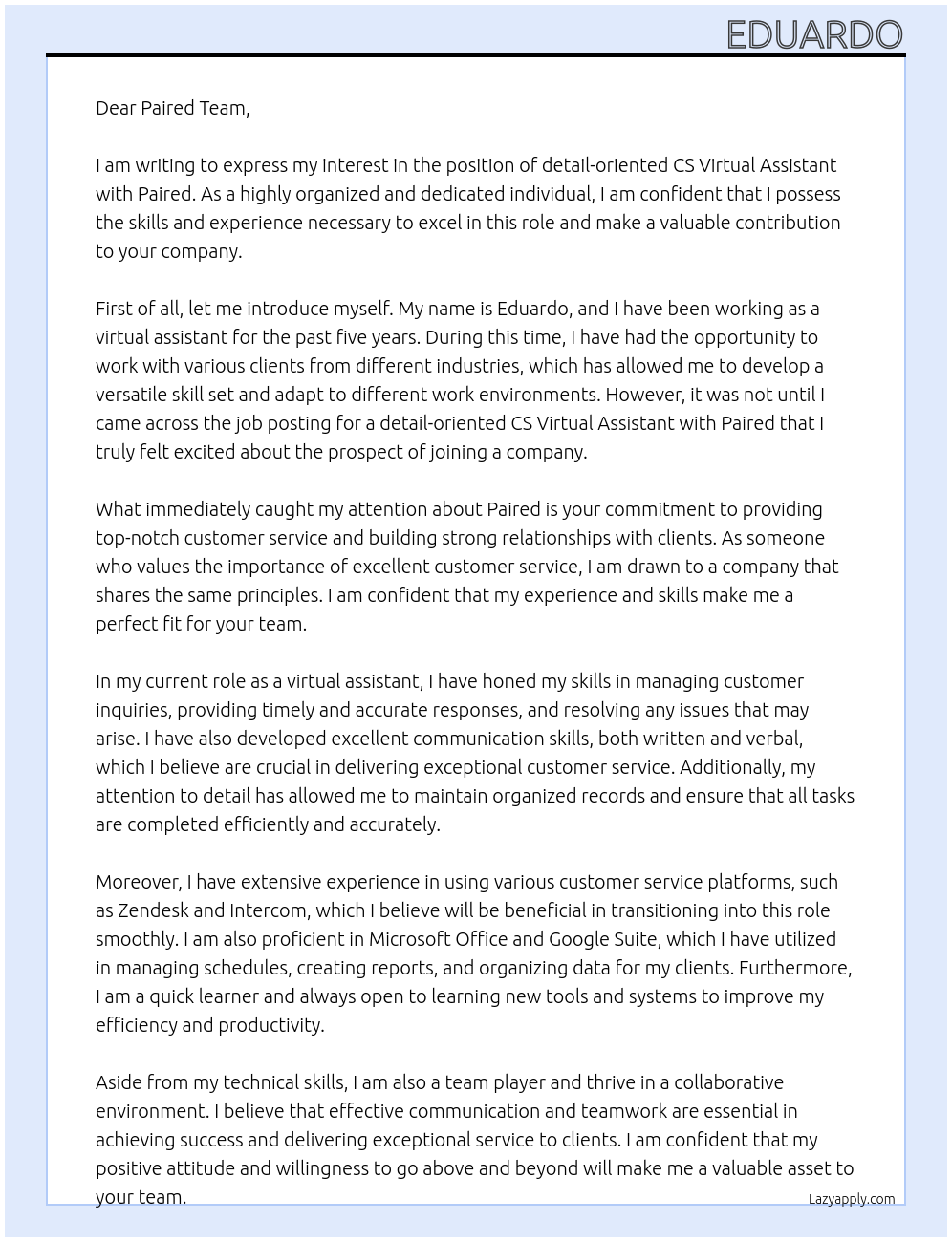 Cover letter for detail-oriented cs virtual assistant - LazyApply