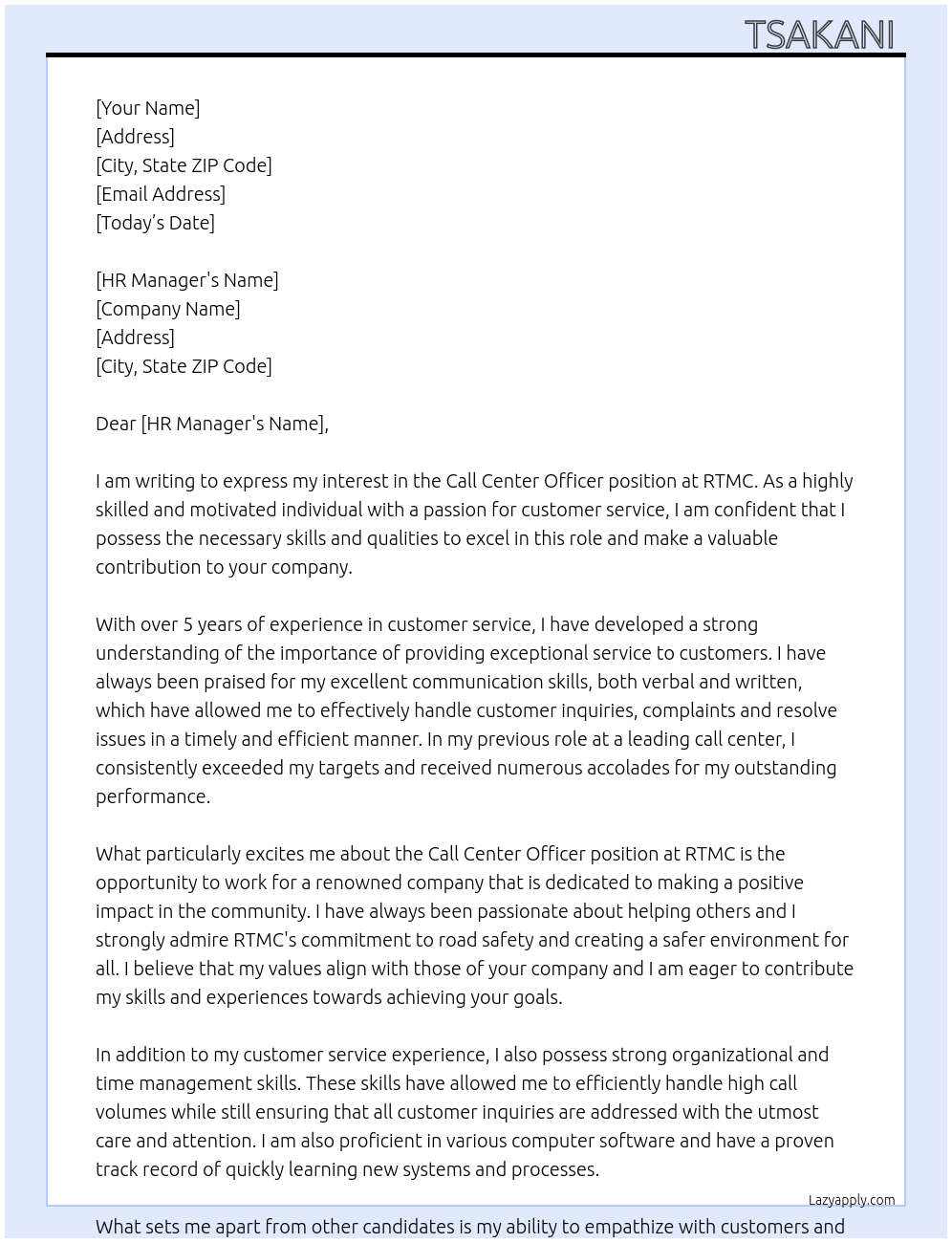 Cover letter for call center oficer - LazyApply