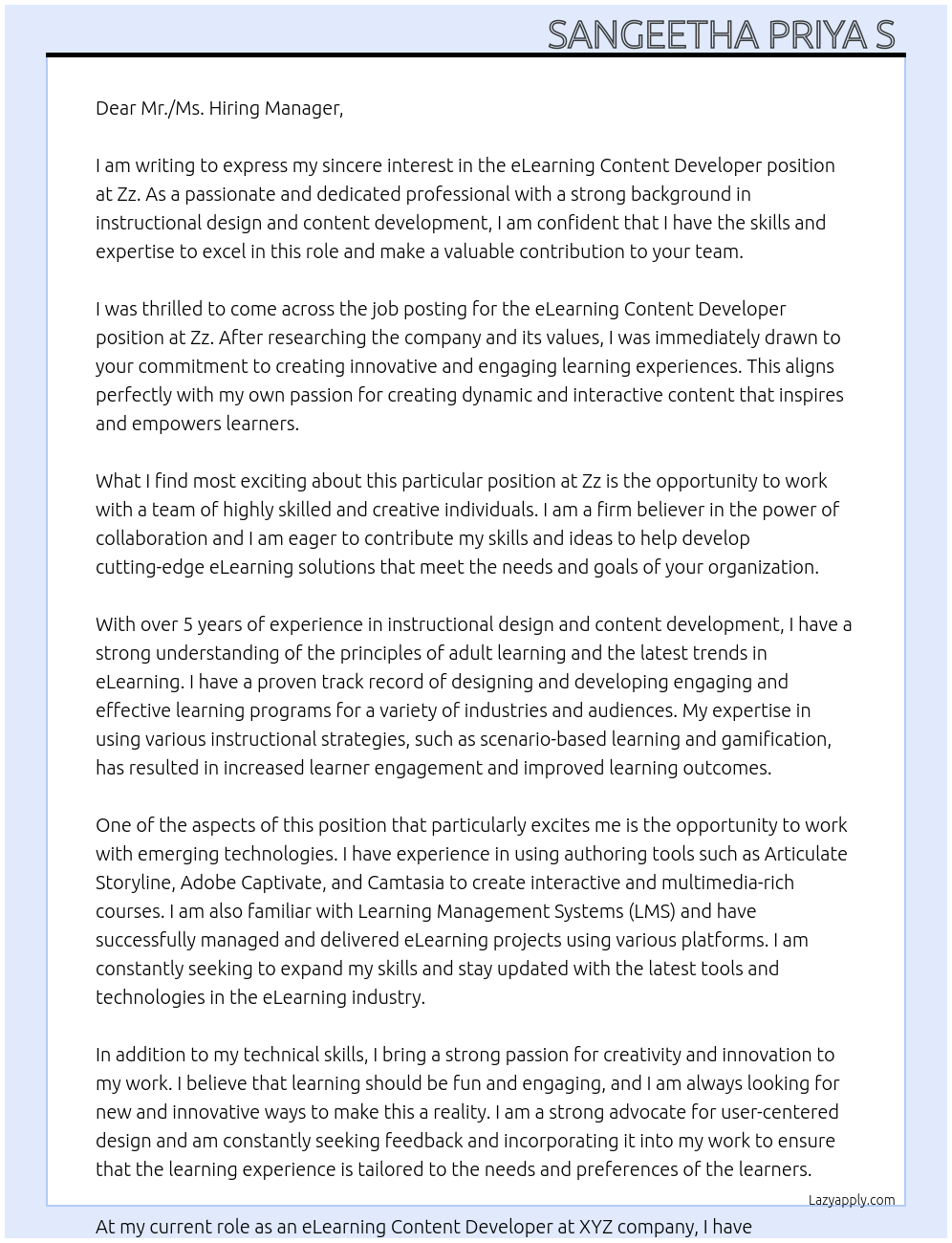 Cover letter for elearning content developer - LazyApply
