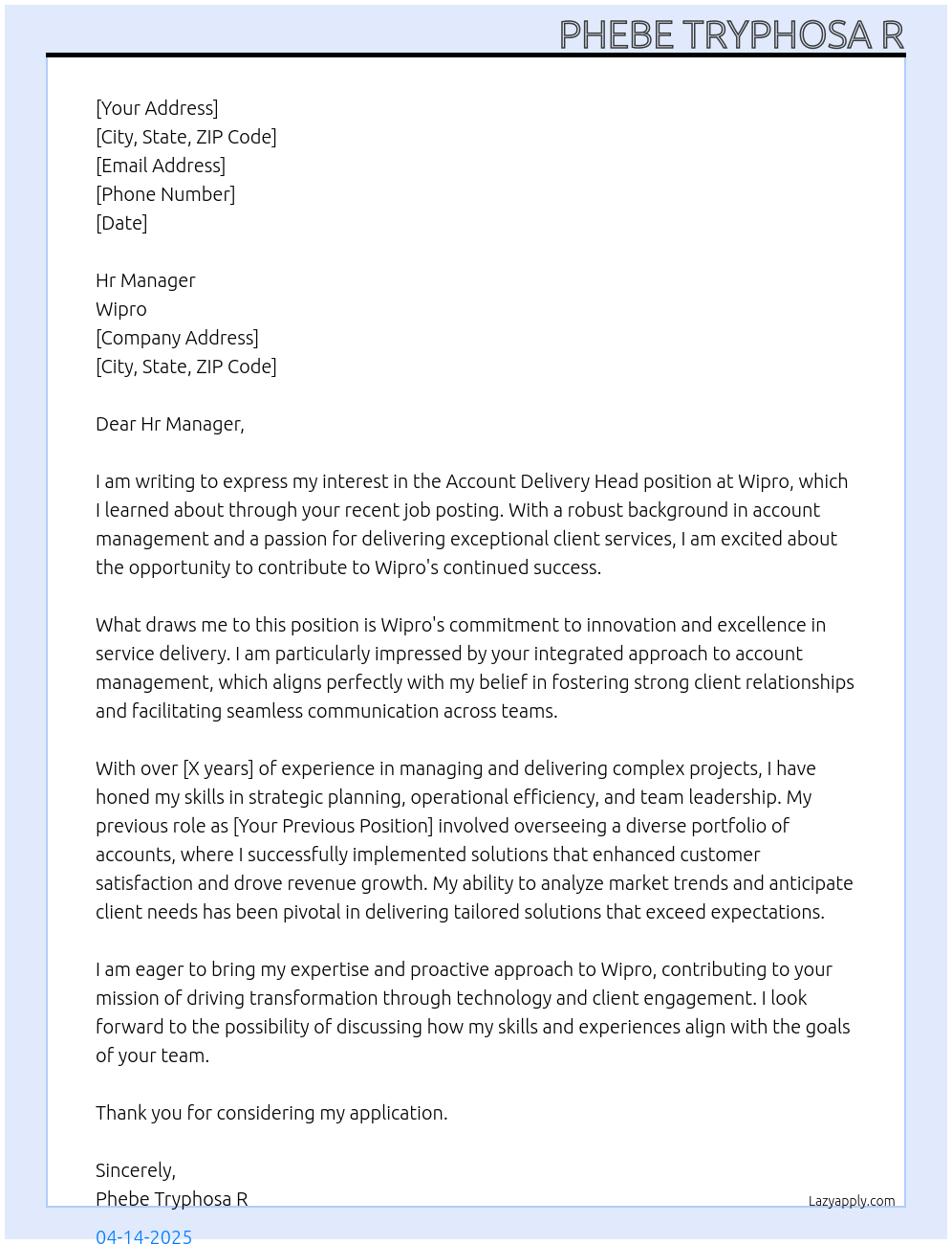 Cover letter for account delivery head - LazyApply