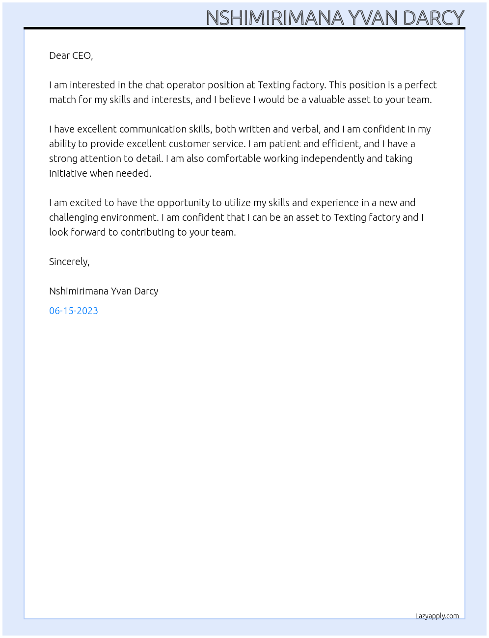 Cover letter for chat operator - LazyApply