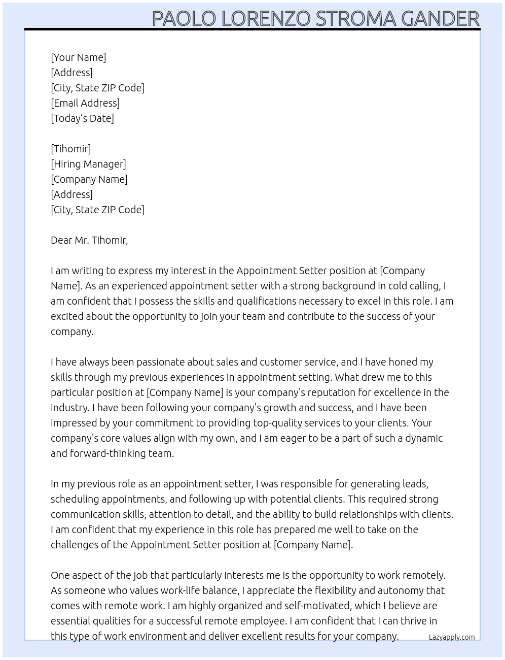 Cover letter for appointment setter - LazyApply