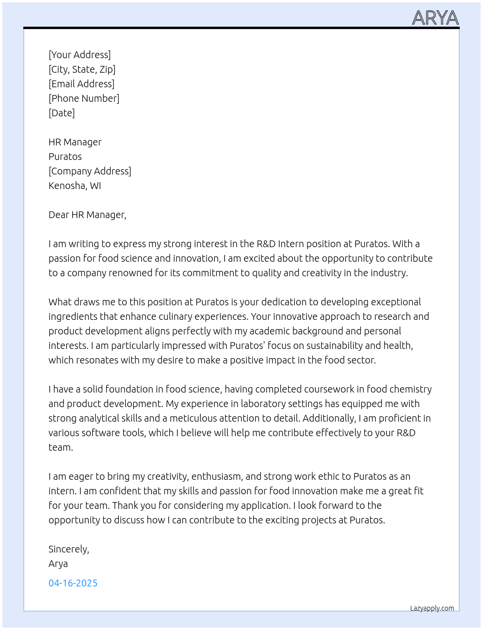 Cover letter for r and d intern - LazyApply