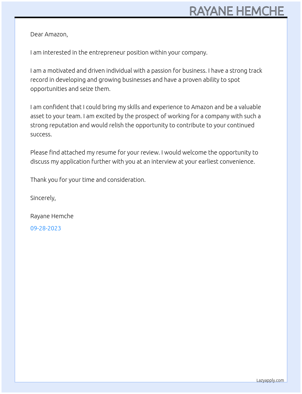 Cover letter for entrepreneur - LazyApply