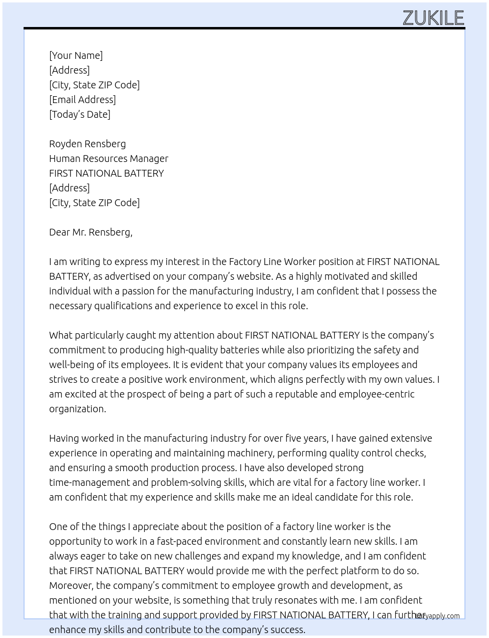 Cover letter for factory line worker - LazyApply