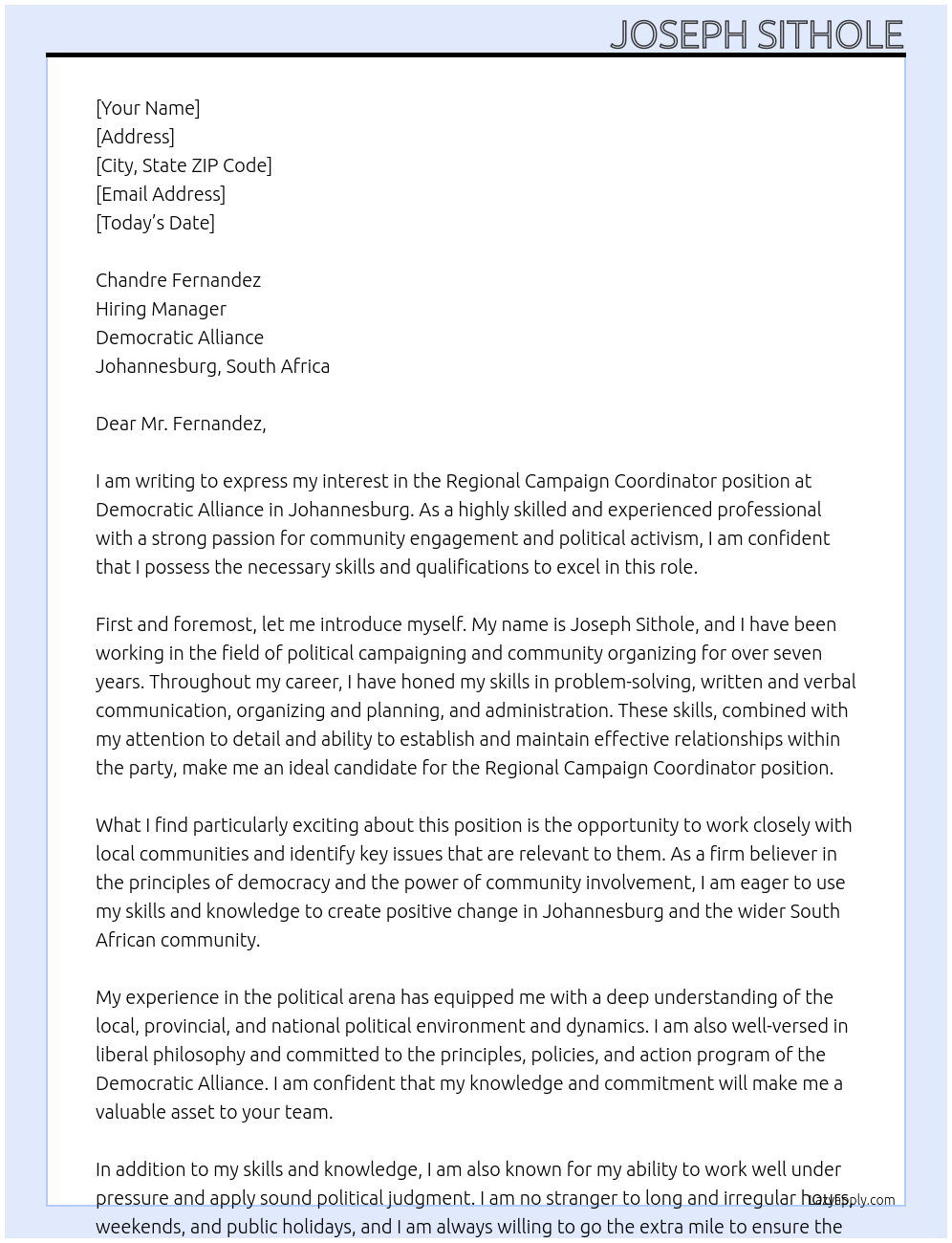 Cover letter for regional campaign coordinator: johannesburg - LazyApply