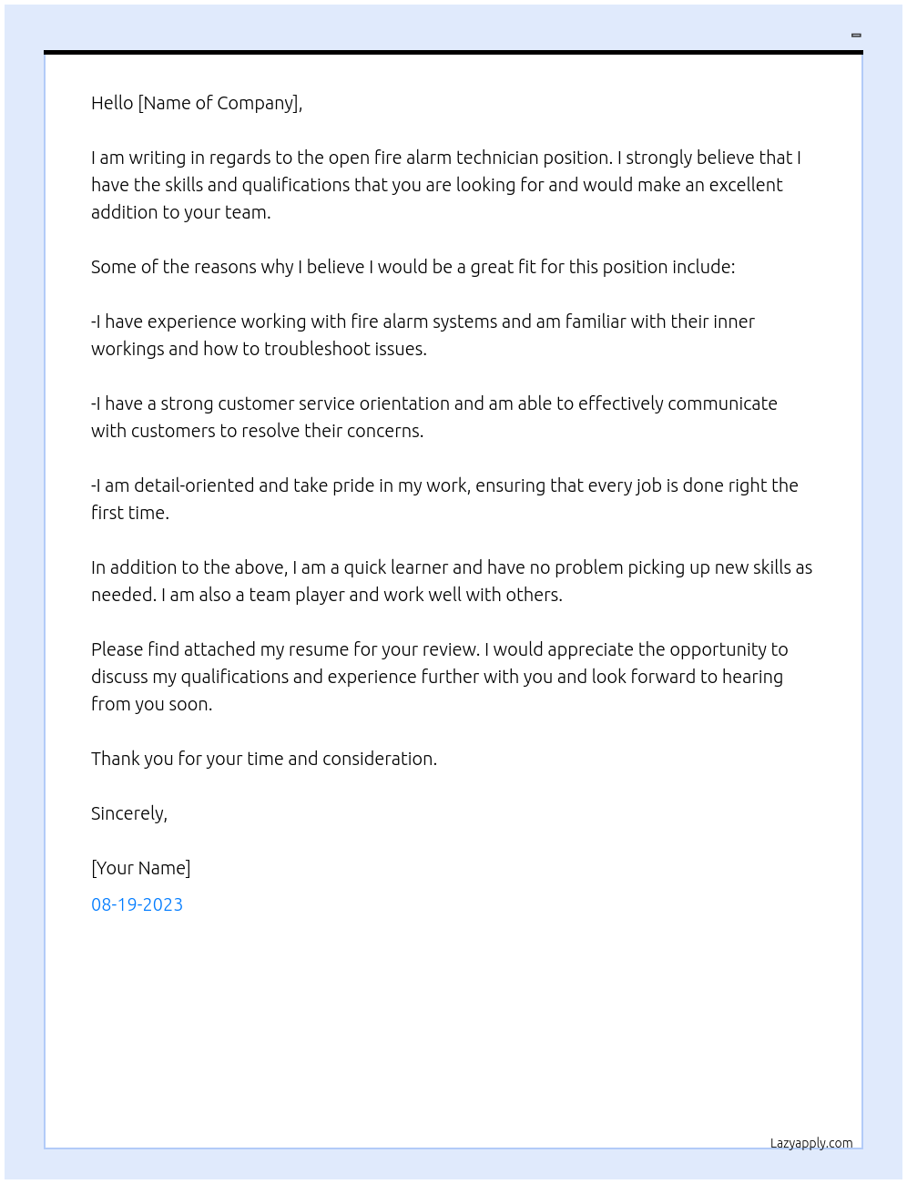 Cover letter for fire alarm technician - LazyApply
